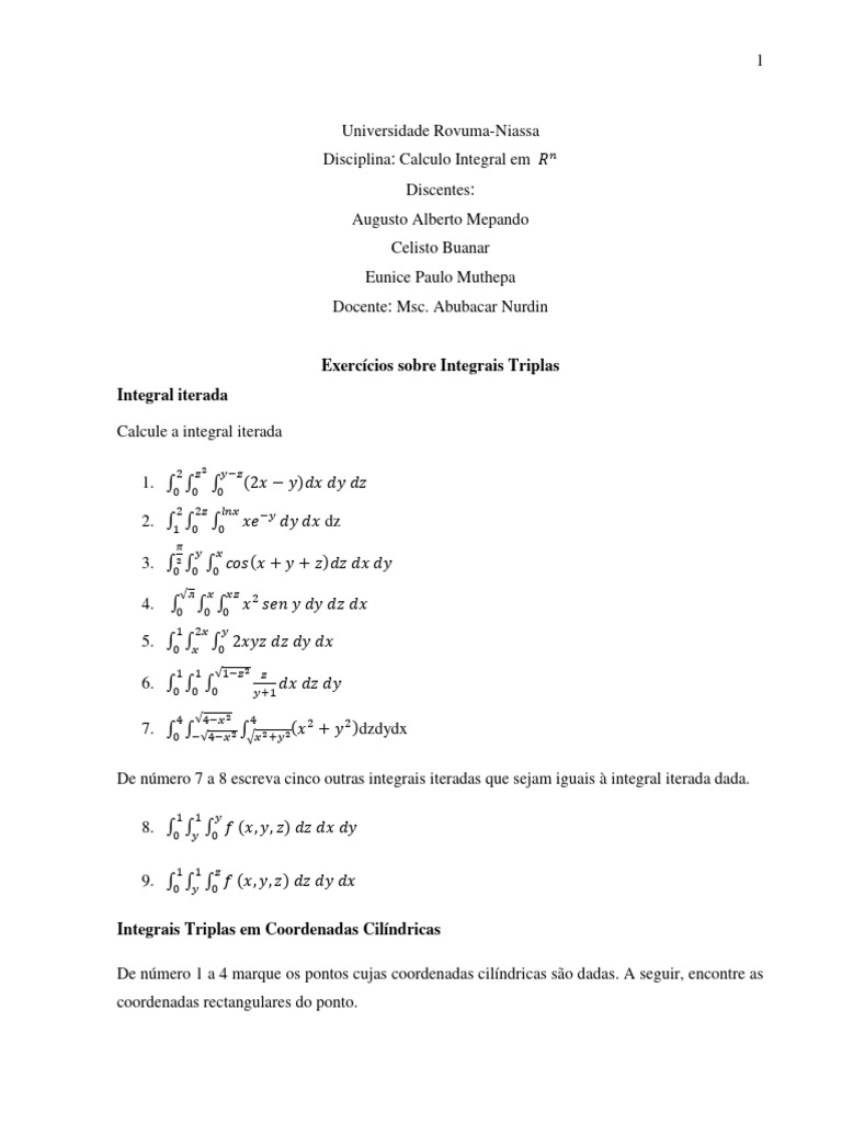 Exercícios de integrais triplas | PDF | Esfera | Geometria