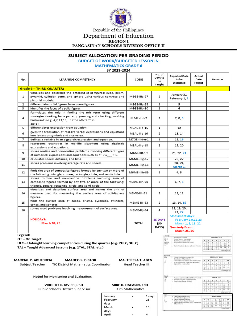BOW Budgeted-Lesson G6-Math SY-2023-2024 3rd-Qtr Final | PDF ...