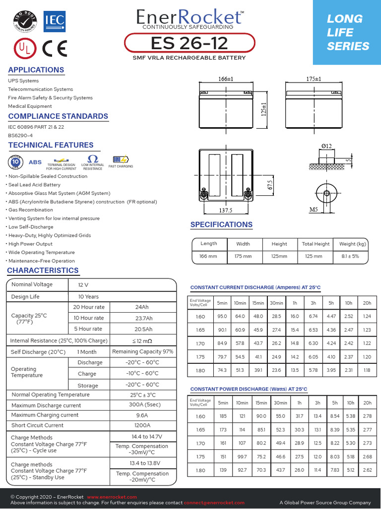 ES26 12 Rocket EnerRocket Aku Datasheet | PDF | Volt | Electricity