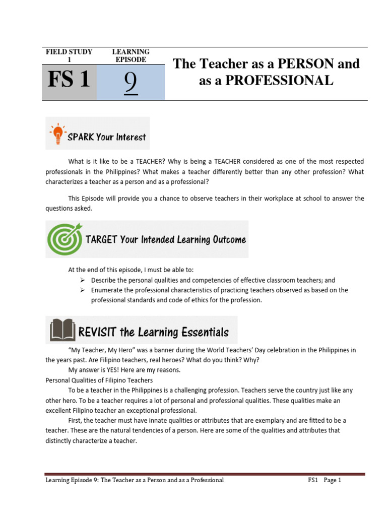 FIELD STUDY 1 E9 The Teacher As A PERSON and As A PROFESSIONAL | Download Free PDF | Teachers ...