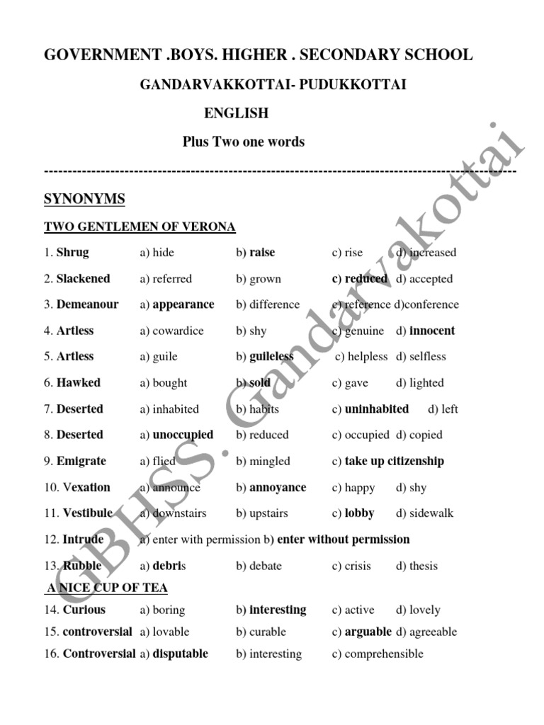 Plus Two English Vocabulary Guide | PDF