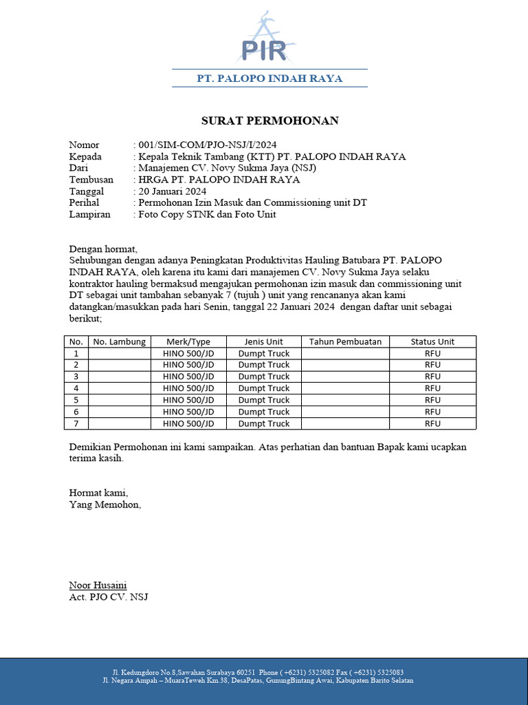 CONTOH Surat Permohonan Izin Masuk Dan Commissioning Unit DT | PDF | Bisnis