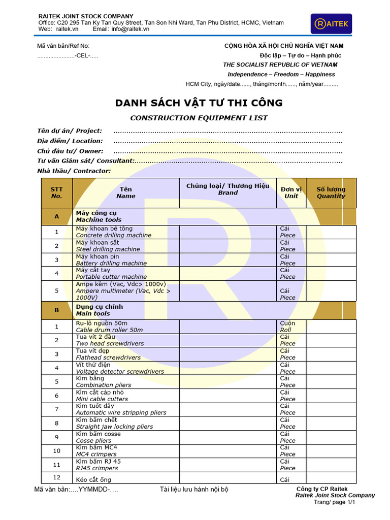 Raitek - ELC Construction Equiment List | PDF