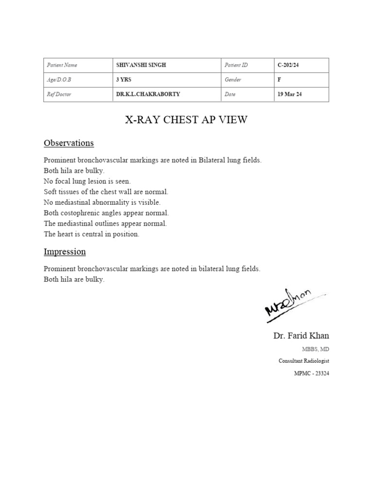 Pediatric Chest X-Ray Report | PDF