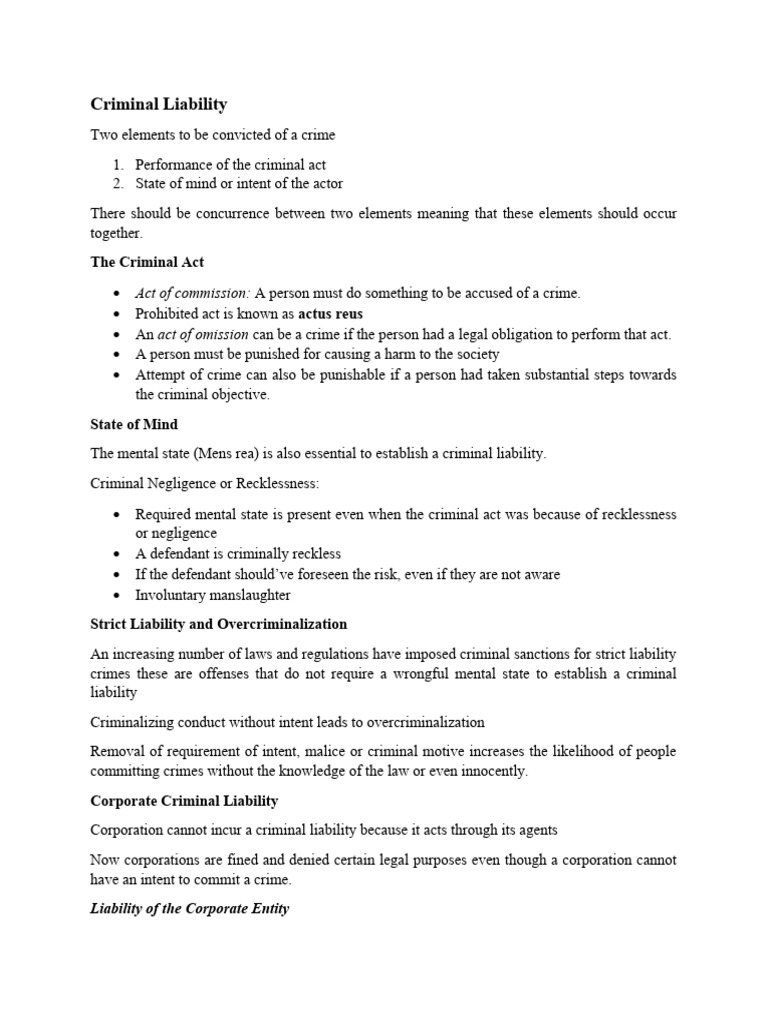 Criminal Liability | PDF | Mens Rea | Recklessness (Law)