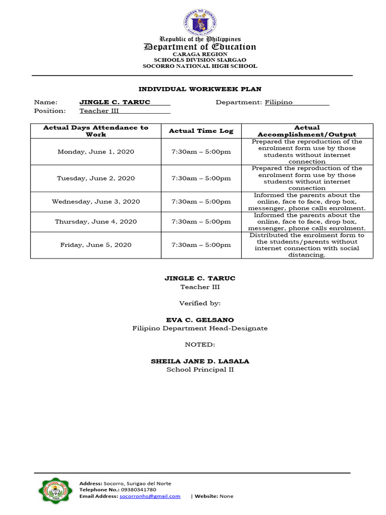 INDIVIDUAL-WORKWEEK-PLAN-accomplishment-JUNE | PDF