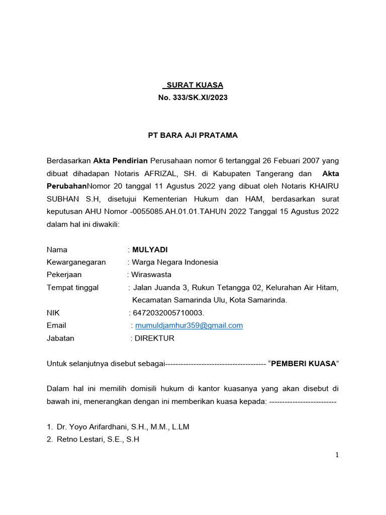 Surat Kuasa Pt. Bara Aji Pratama (2) - For Merge | PDF