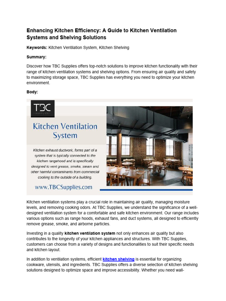 Enhancing Kitchen Efficiency A Guide To Kitchen Ventilation Systems and ...