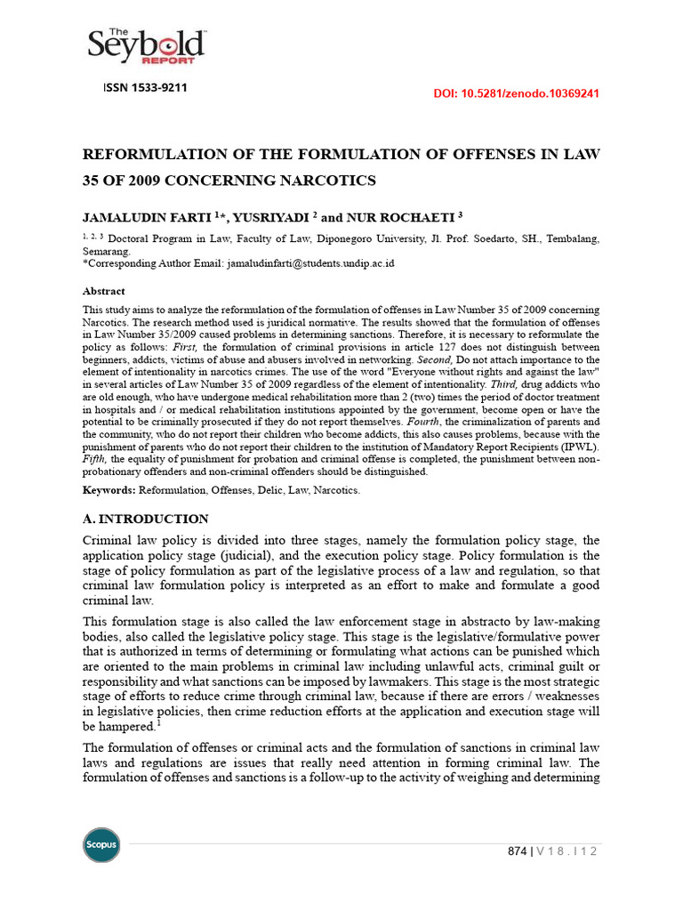 Reformulation of The Formulation of Offenses in Law 35 of 2009 Concerning Narcotics | PDF ...