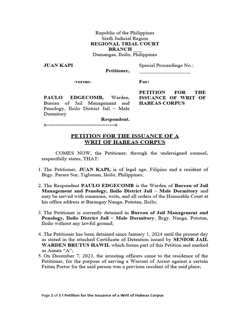 Petition For Writ of Habeas CorpusSAMPLE | PDF | Habeas Corpus ... Petition For Writ of Habeas CorpusSAMPLE | PDF | Habeas Corpus ...