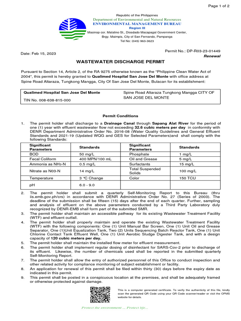 Approved Discharge Permit 2023 - QSJDM | PDF | Effluent | Sewage Treatment