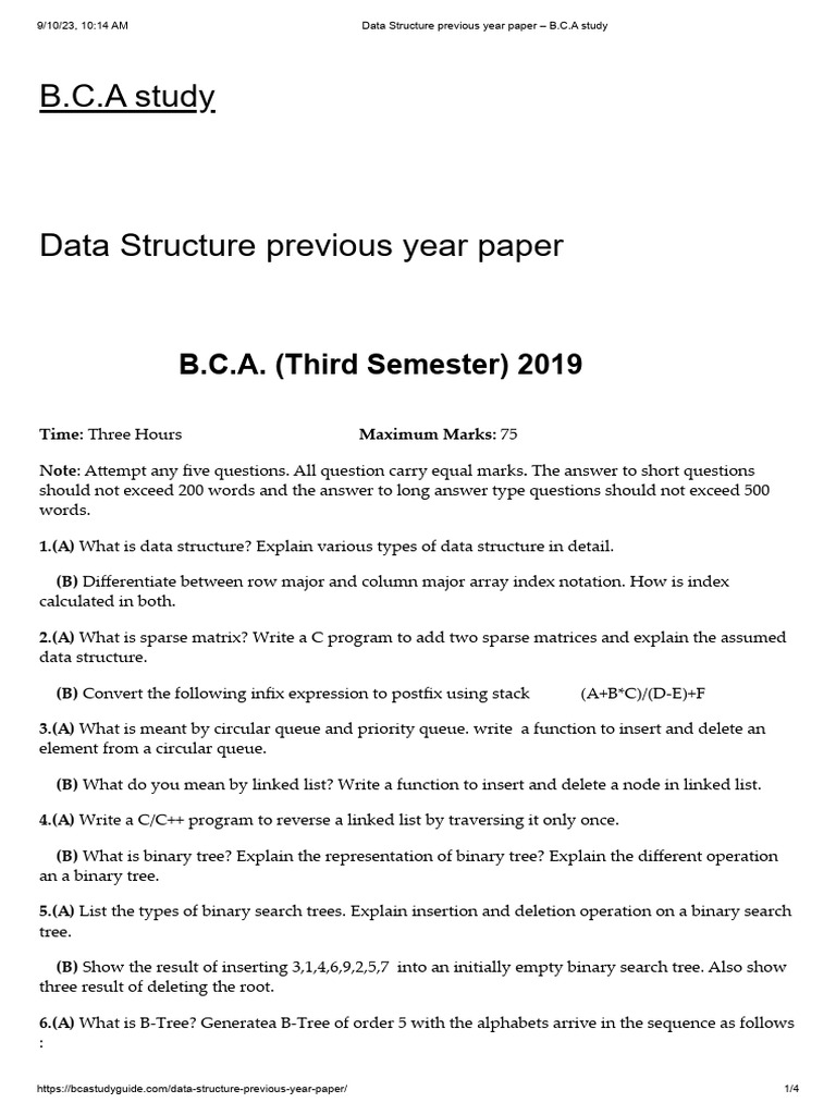 Data Structure Previous Year Paper - B.C.A Study | PDF | Applied Mathematics | Algorithms