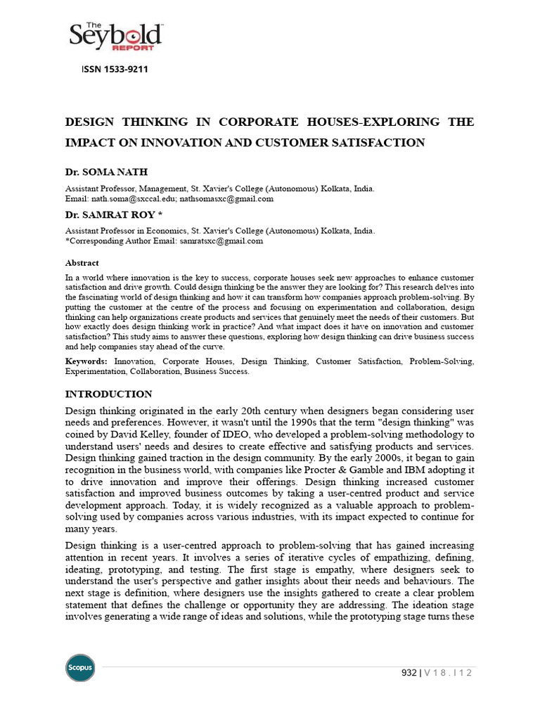 DESIGN THINKING IN CORPORATE HOUSES-EXPLORING THE IMPACT ON INNOVATION AND CUSTOMER SATISFACTION ...