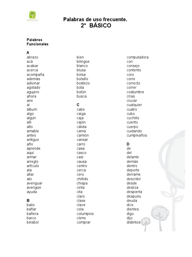 Palabras Uso Frecuente 2° Básico | PDF | Naturaleza | Ocio