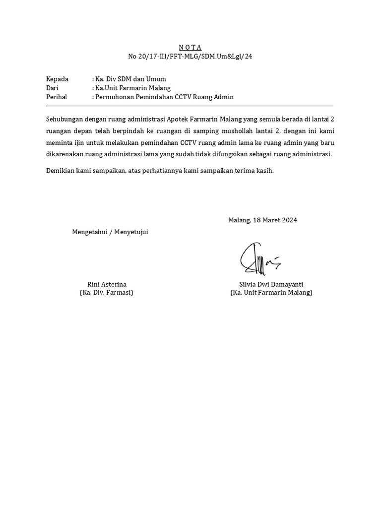 Nota Ijin Pemindahan CCTV Ruang Admin-1 | PDF