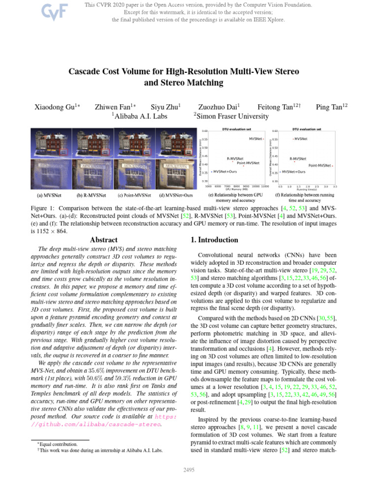 Gu Cascade Cost Volume For High-Resolution Multi-View Stereo and Stereo Matching CVPR 2020 Paper ...