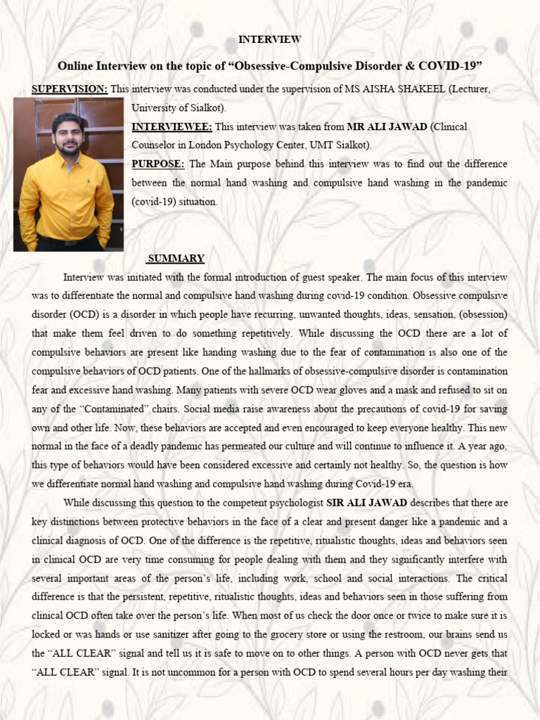 Sana & Rimsha (Semester 6th) Interview of Sir. Ali Jawad | PDF | Obsessive–Compulsive Disorder ...