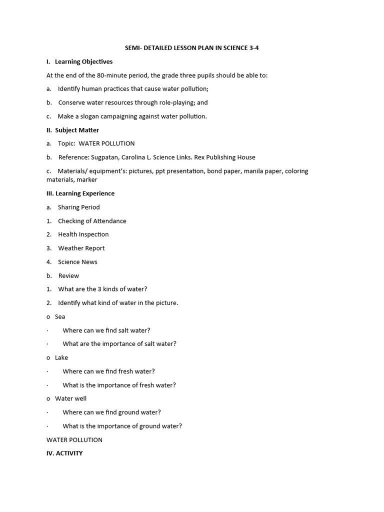 Semi Detailed Lesson Plan Science | PDF | Water | Water Pollution