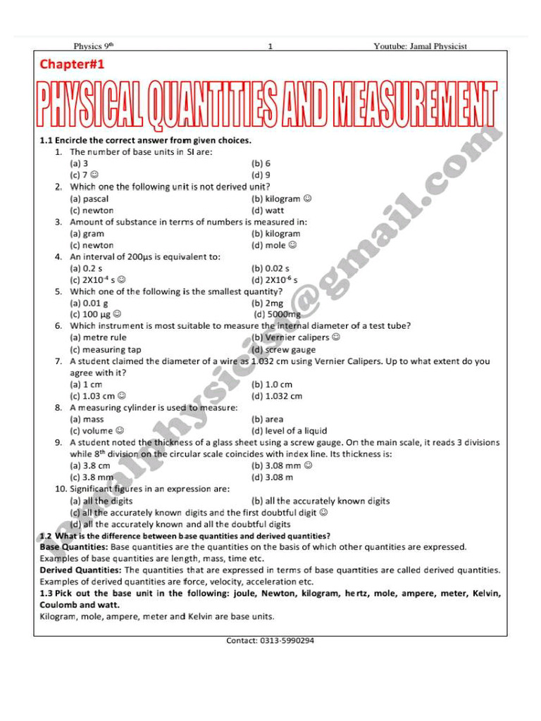 Chapter-1 Physical Quantities and Measurment-Mcqs | PDF