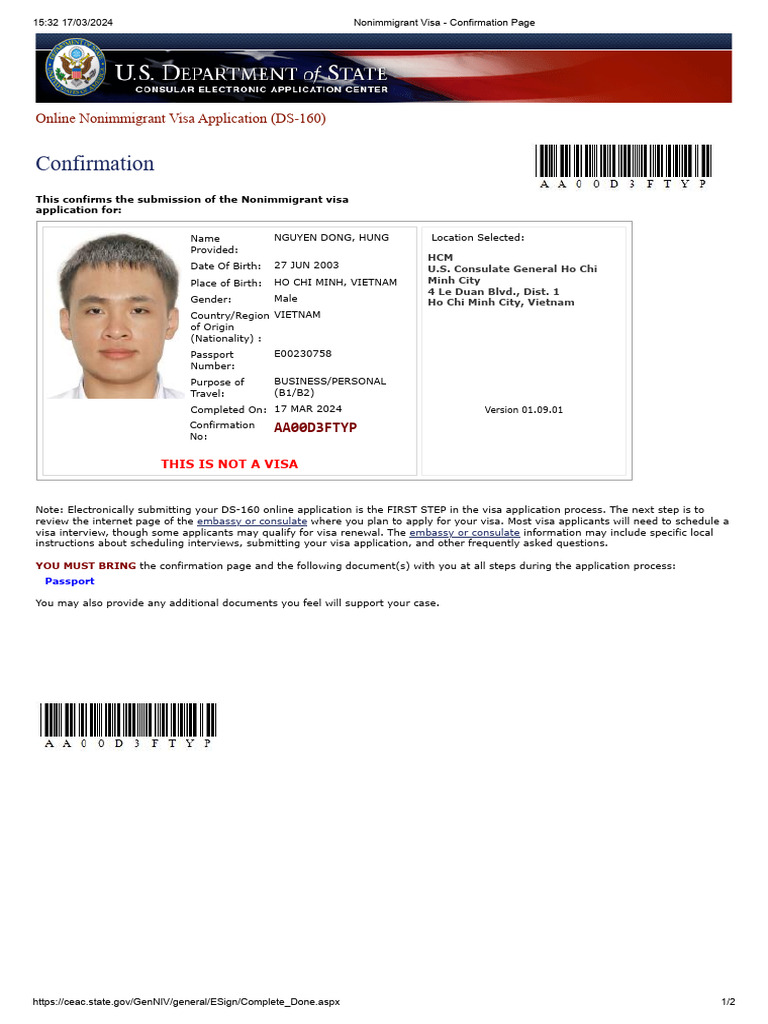 Nonimmigrant Visa - Confirmation Page | PDF | Travel Visa | Fingerprint