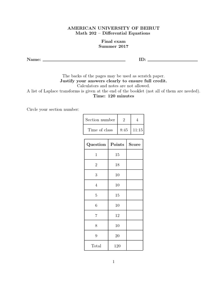 MATH 202-Final-Summer17 | PDF | Equations | Ordinary Differential Equation