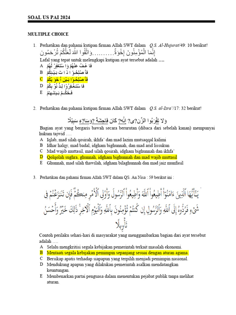 Soal Us Pai 2024 | PDF | Agama & Spiritualitas