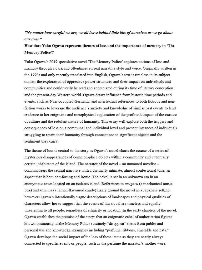 The Memory Police Sample Essay | Download Free PDF | Knowledge | Narration