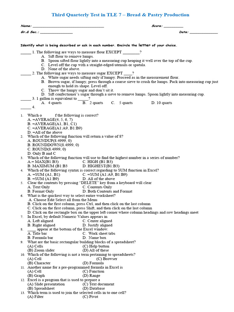 Third Quarterly Test in BBP | PDF | Microsoft Excel | Spreadsheet