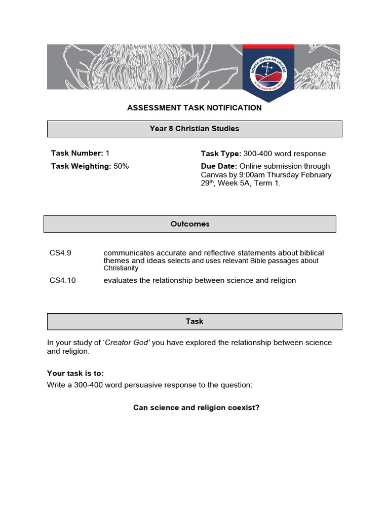 2024 8 CS Assessment Task 1 Notification | PDF | Relationship Between Religion And Science ...
