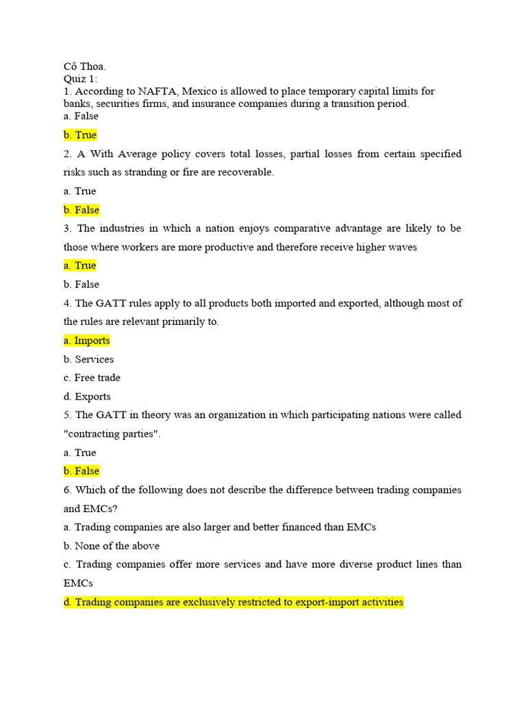 Cô Thoa: International Trade Quiz | PDF | Trade | Business