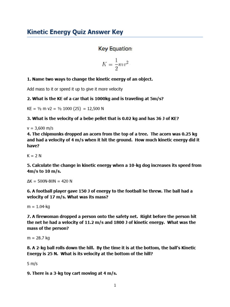 Kinetic Energy Quiz Answers | PDF