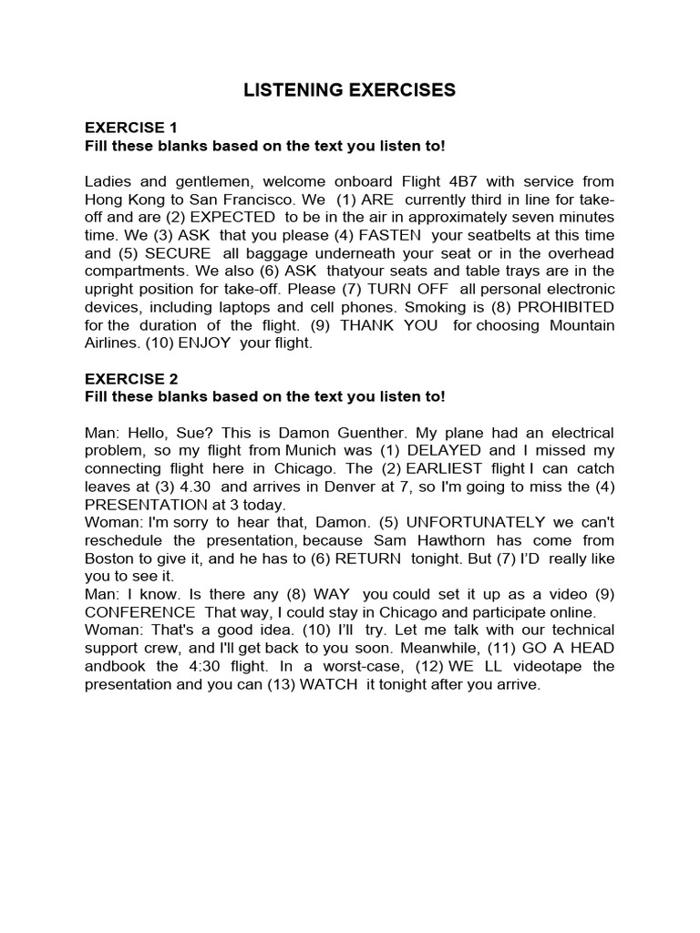 Listening Exercises: Exercise 1 Fill These Blanks Based On The Text You ...