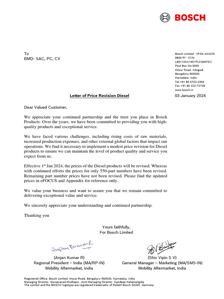 Price Revision Letter Diesel Effective From 1st Jan 2024 | PDF | Pump ...
