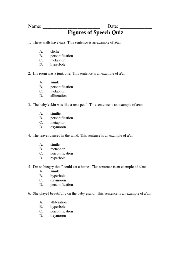 Figures of Speech Quiz: Name: - Date | PDF | Persuasion | Rhetoric