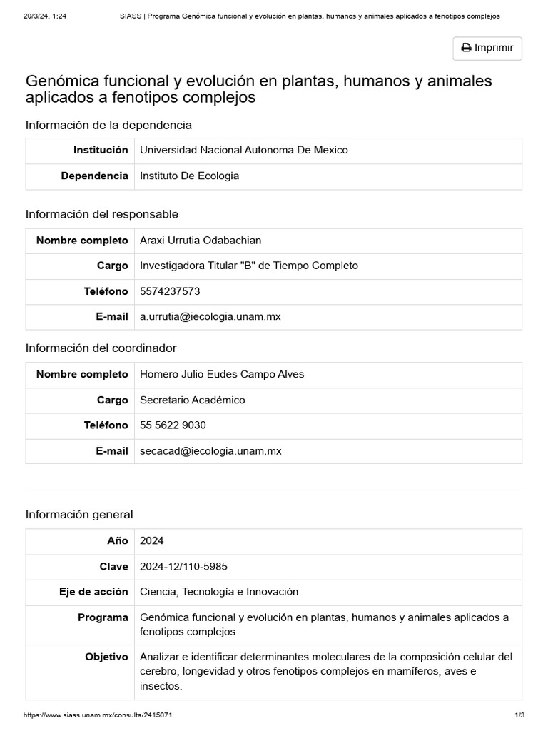 SIASS - Programa Genómica Funcional y Evolución en Plantas, Humanos y Animales Aplicados A ...