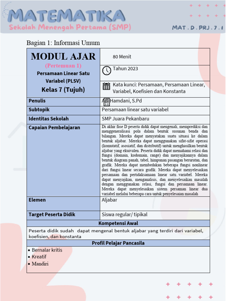 Modul Ajar PLSV | PDF