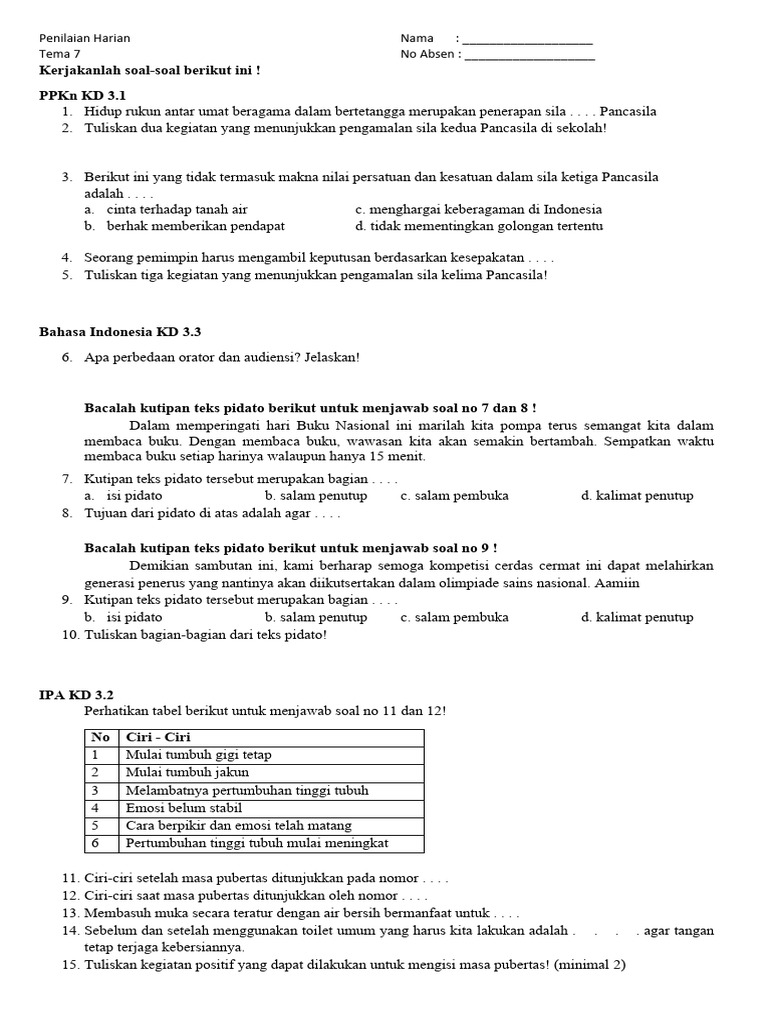 Ulangan Tema 7 All | PDF | Seni & Disiplin Bahasa