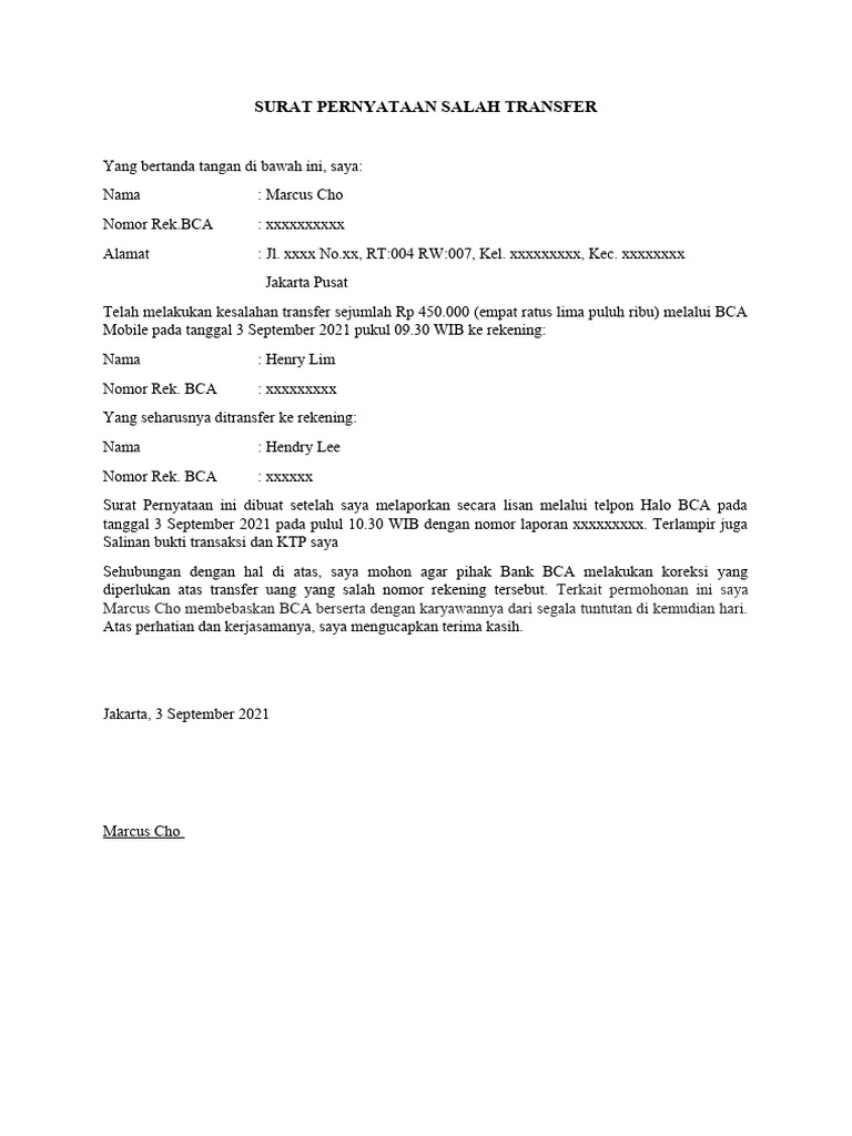Surat Pernyataan Salah Transfer | PDF