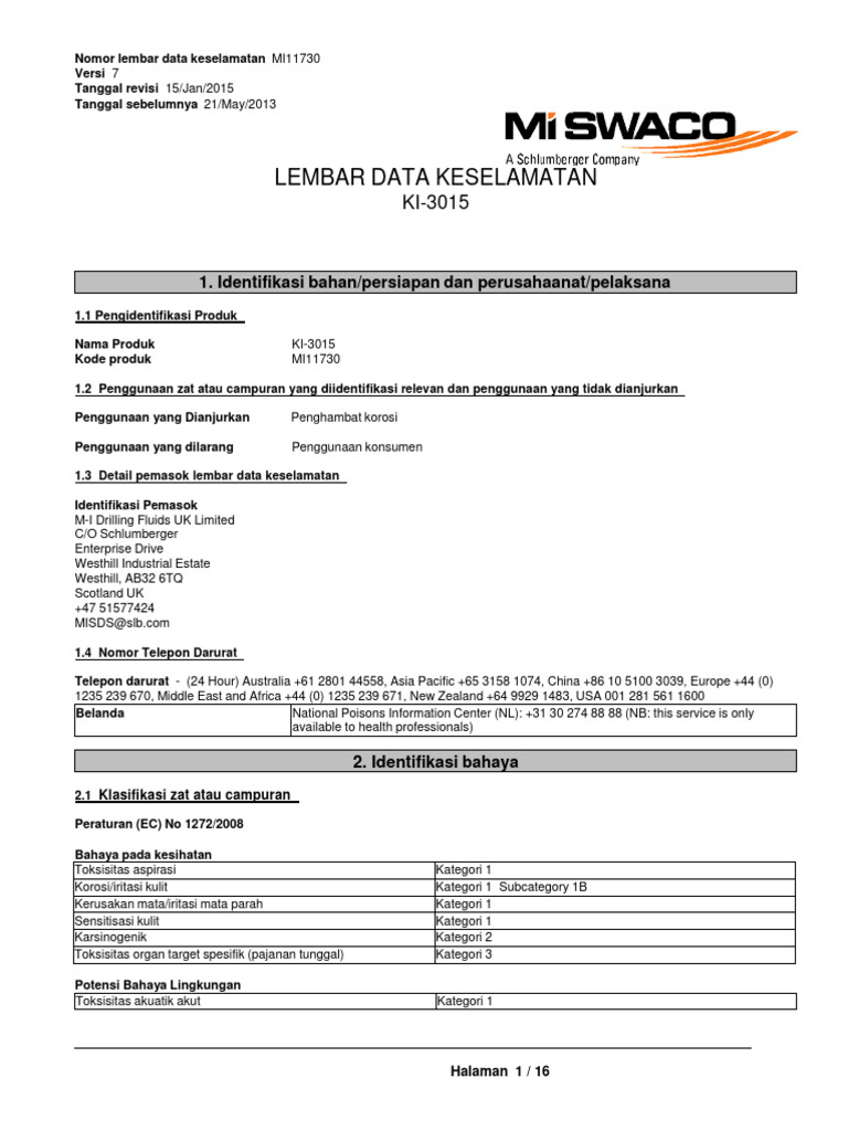 KI-3015 MSDS Indonesia 2016 | PDF