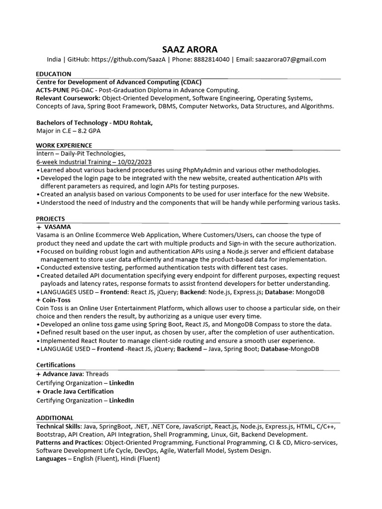 Saaz_ATS_original_resume | PDF | Databases | Java (Programming Language)