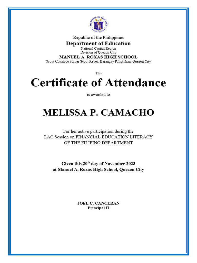 Lac Cert. Attendance | PDF | Metro Manila | Philippines
