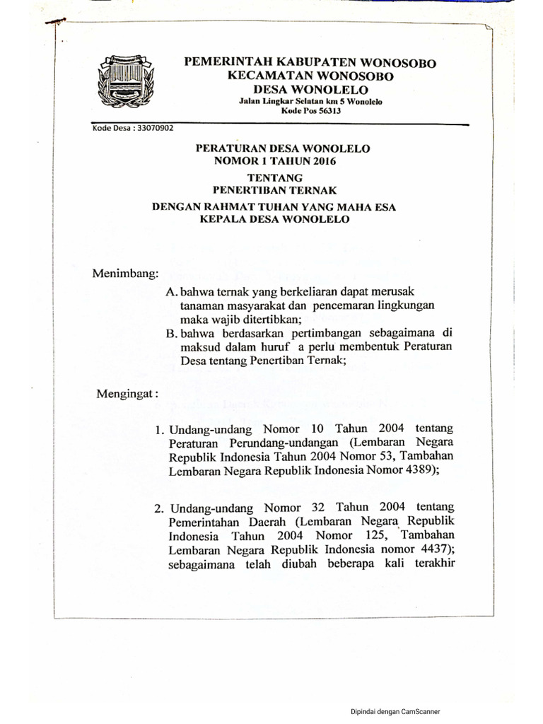 Perdes 1 TH 16 TTG Penertiban Ternak | PDF