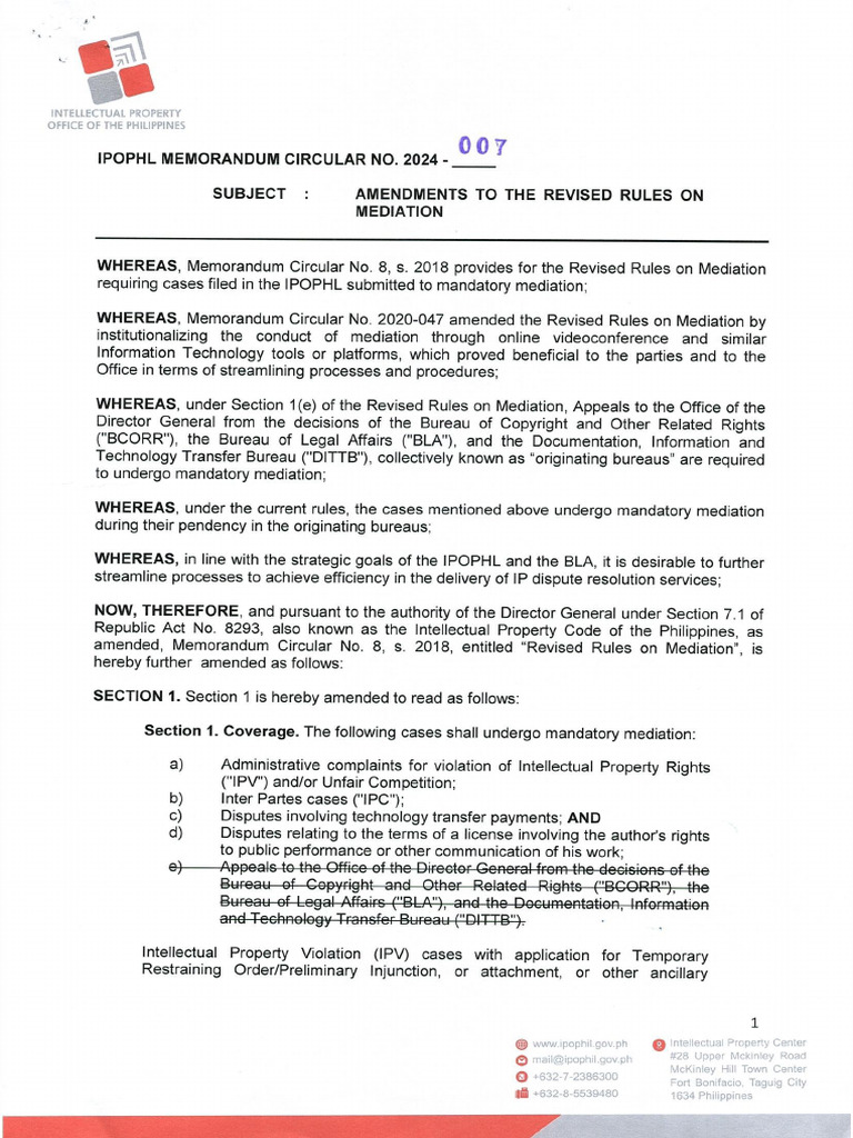 IPOPHL Memorandum Circular No. 2024-007, Amendments To The Revised ...