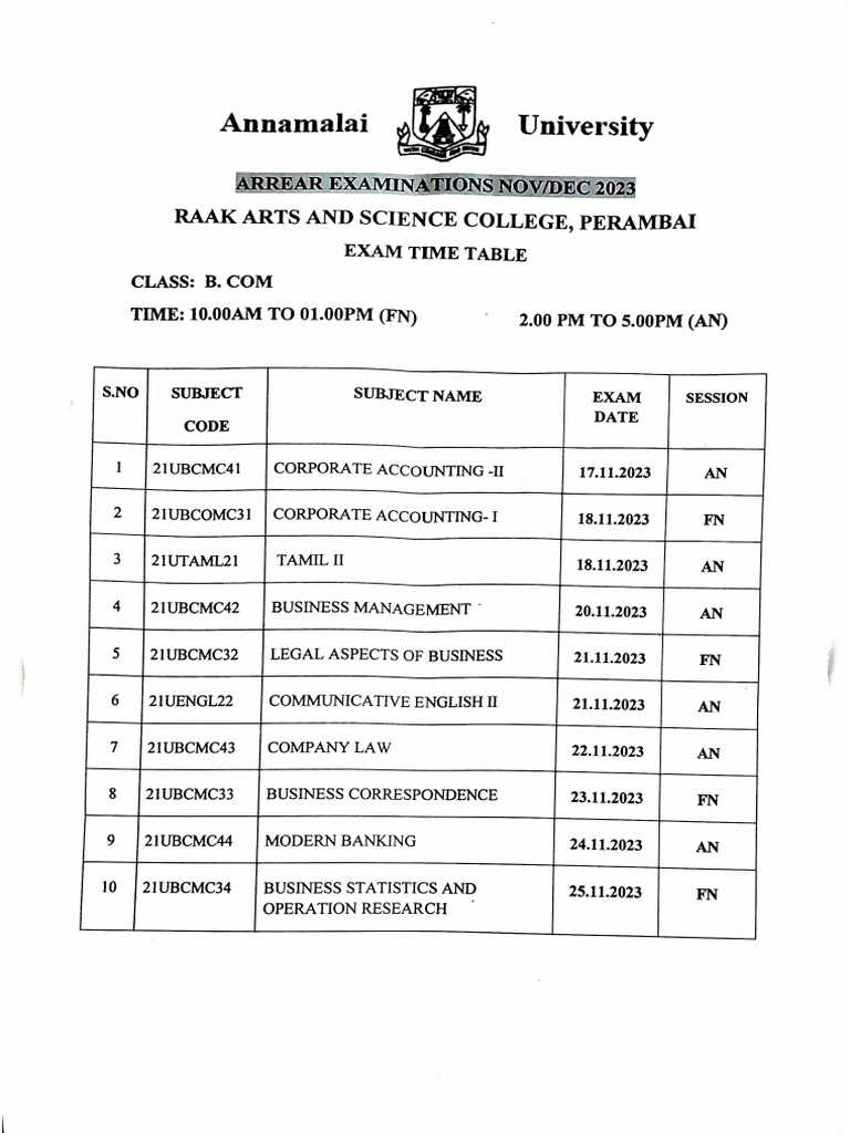 Arrear Exam Time Table | PDF