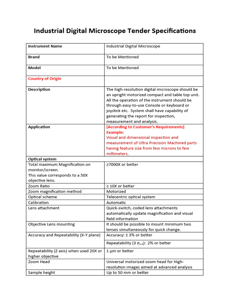 Industrial Digital Microscope Tender Specifications | PDF | Zoom Lens ...