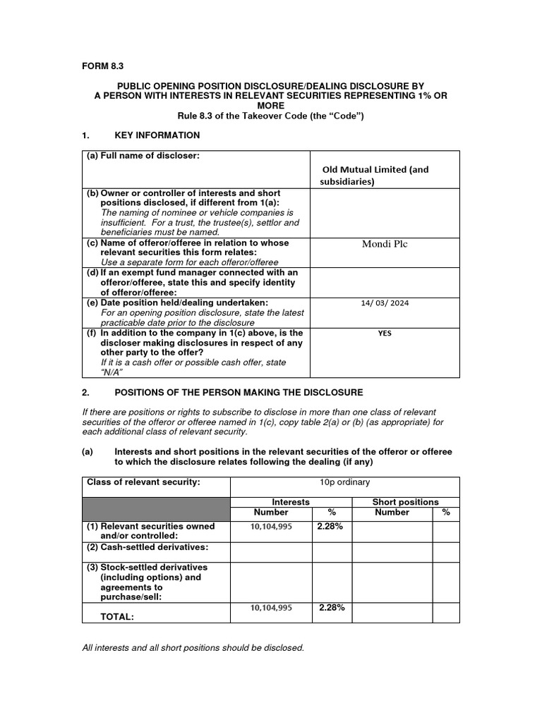 OMU Takeover Panel Rule 8.3 Mondi PLC | PDF | Option (Finance ...