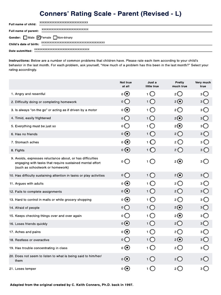 Conners Rating Scale For Parents Revised L Example | PDF | Psychology ...