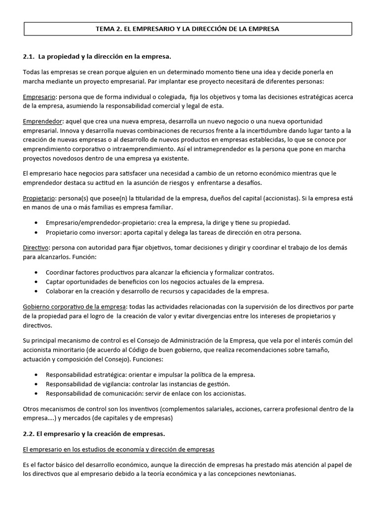 Tema 2. El Empresario y La Dirección de La Empresa | PDF | Iniciativa empresarial | Business