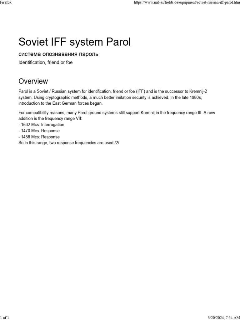 Soviet IFF System Parol | PDF