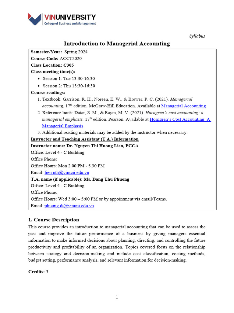 ACCT2020 - Managerial Accounting Syllabus - Spring 2024 | PDF ...